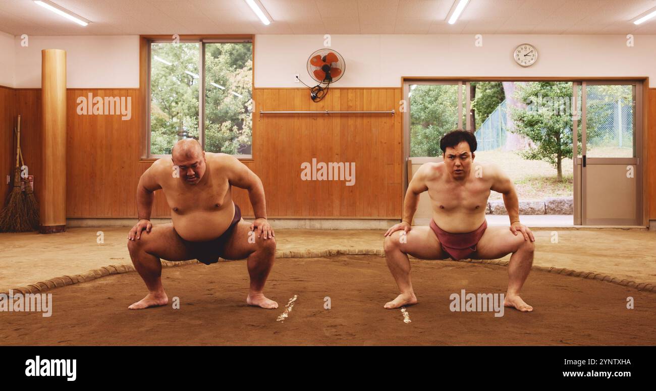 Sumo wrestler, stretching and team with Japanese people in dojo ring for shiko ritual, training ...