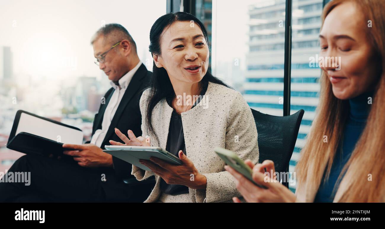 Business people, conference room and technology with conversation, team ...