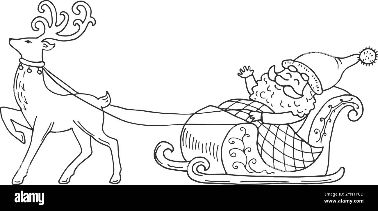 Santa riding on deer sleigh black line drawing isolated on white ...