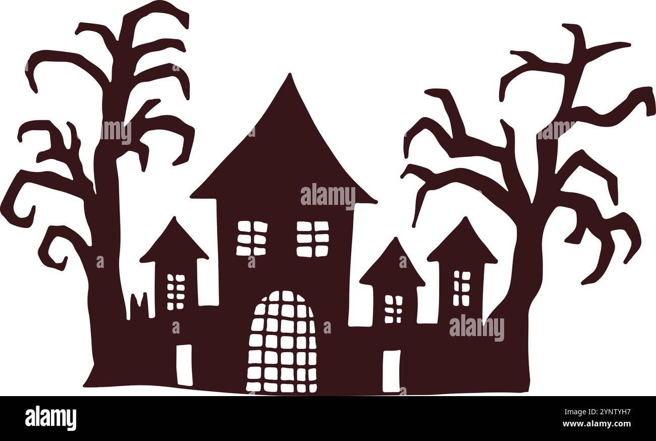 Spooky house silhouette. Crooked trees halloween decoration isolated on ...
