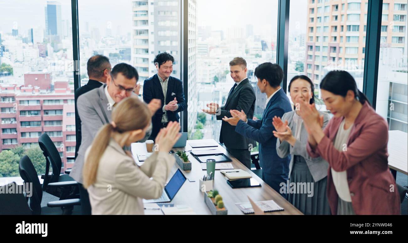 Applause, success and business people in meeting, teamwork and cooperation. Employees, Japan or ...