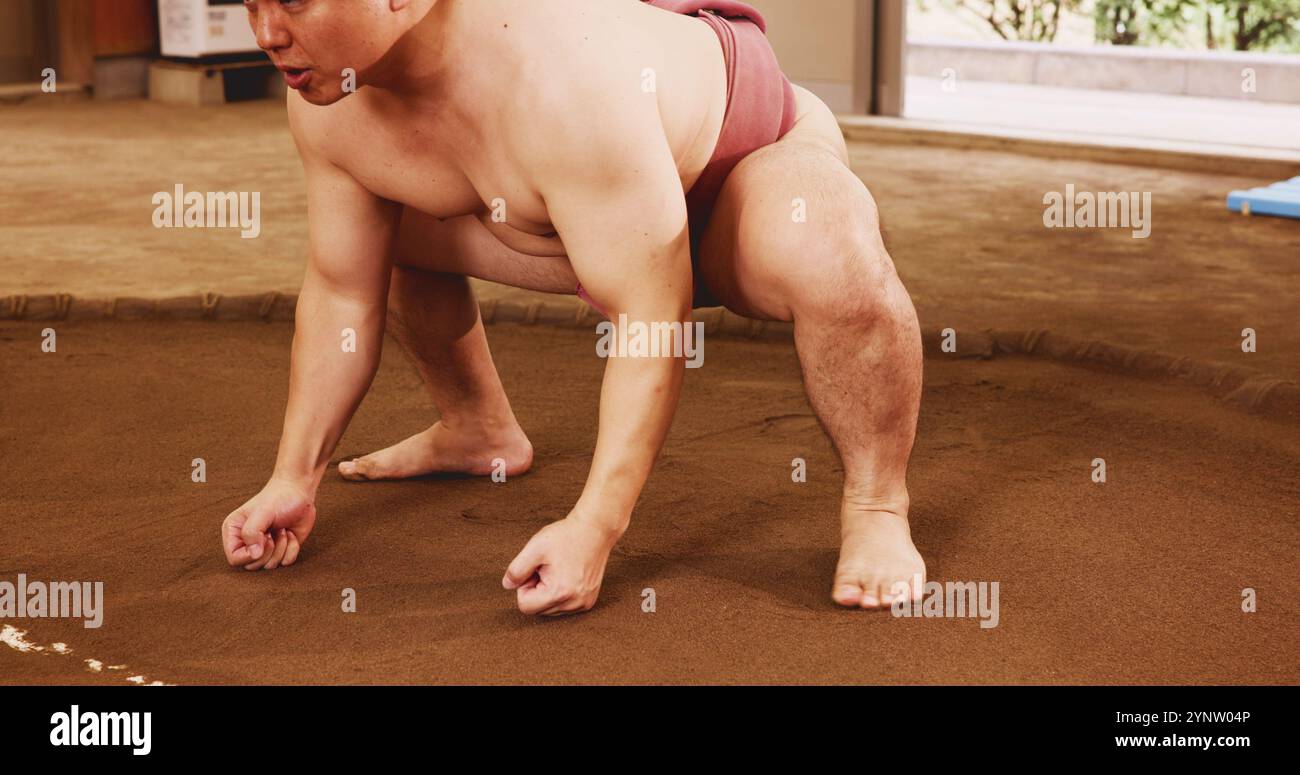 Body, dohyo and mawashi and with Sumo wrestler closeup for martial arts ...