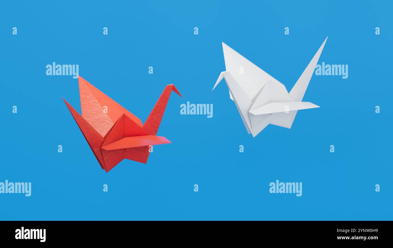 Pair of Origami bird lovers with heart. 3d illustration bird paper ...