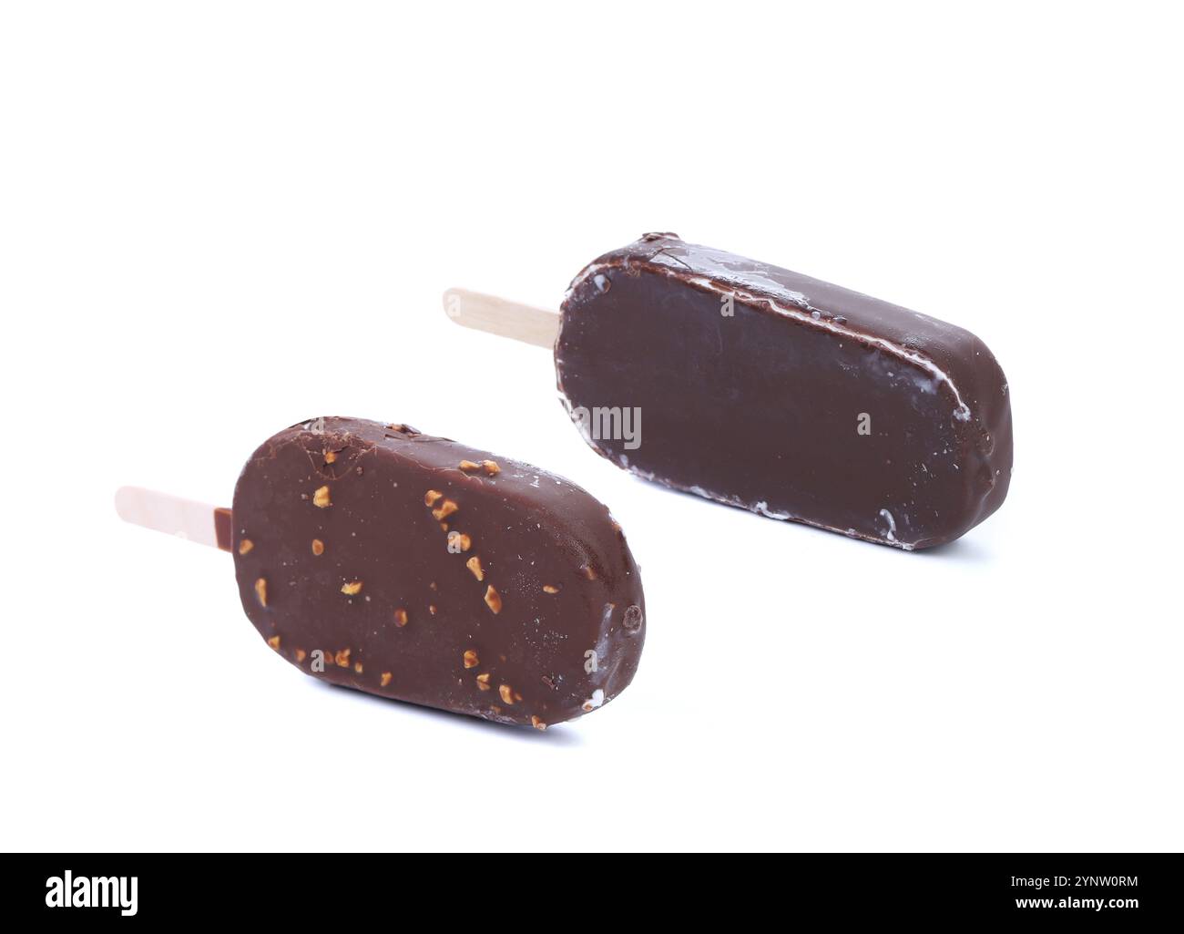 Two chocolate-coated blocks of ice cream on stick. White background ...