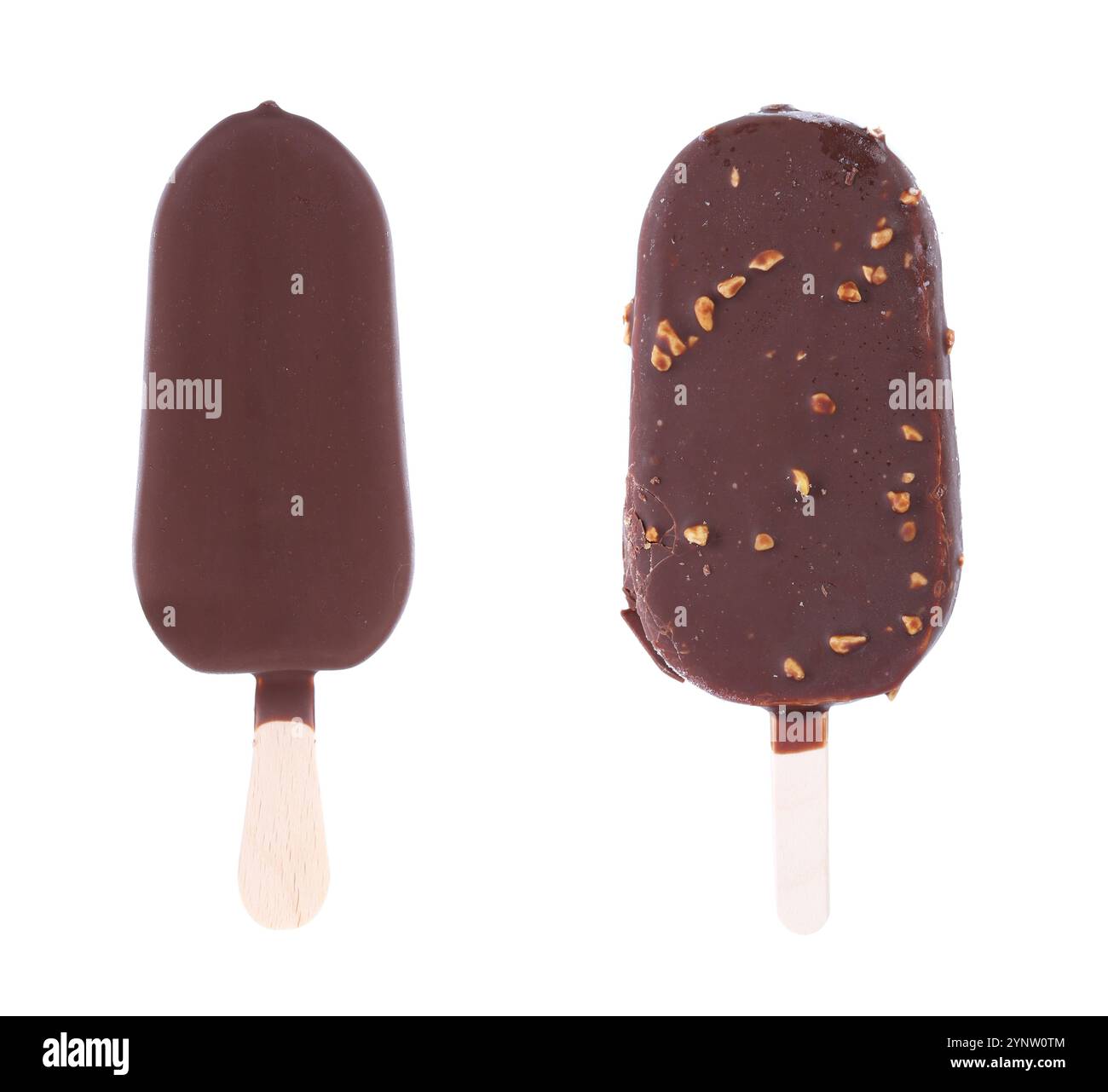 Two chocolate-coated blocks of ice cream on stick. White background ...
