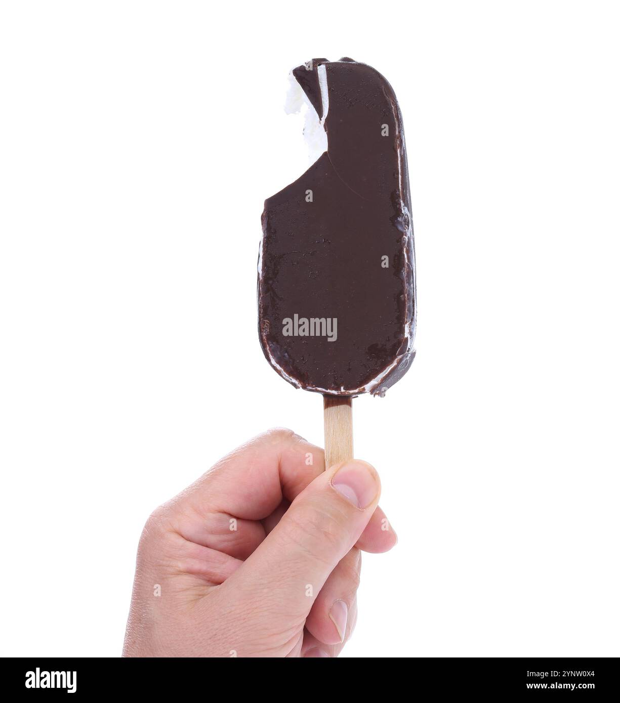 Bitten chocolate vanilla ice cream on stick. White background Stock ...