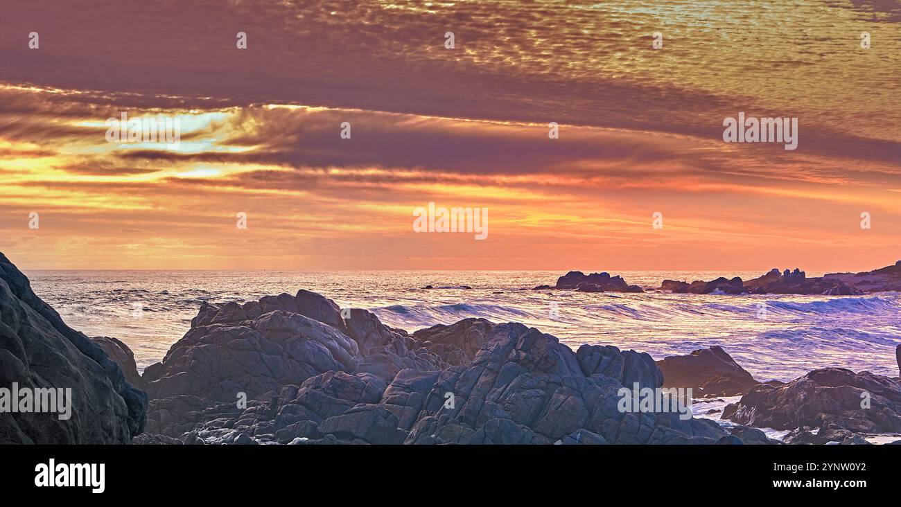 Background, ocean and sunset as landscape, coast and view on beach as ...