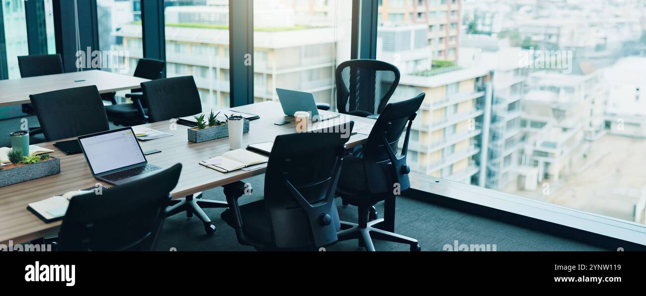 Empty, notes and chairs by table for conference room, corporate company ...