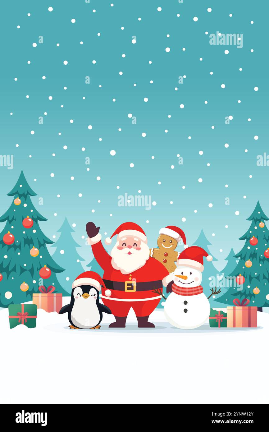 Poster of Santa claus with snowman gingerbread man and penguin in snow ...