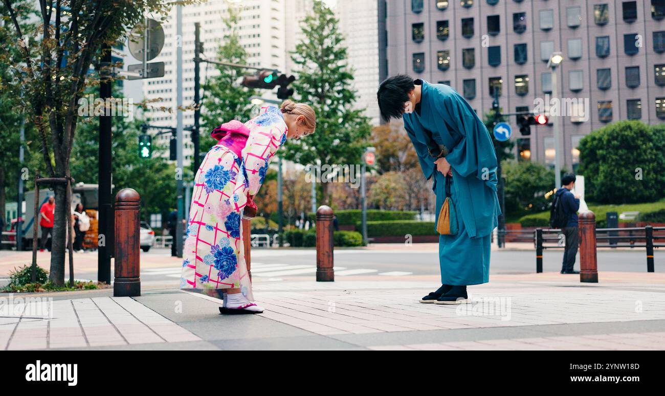Respect, japanese people and bow for greeting, culture and welcome with ...