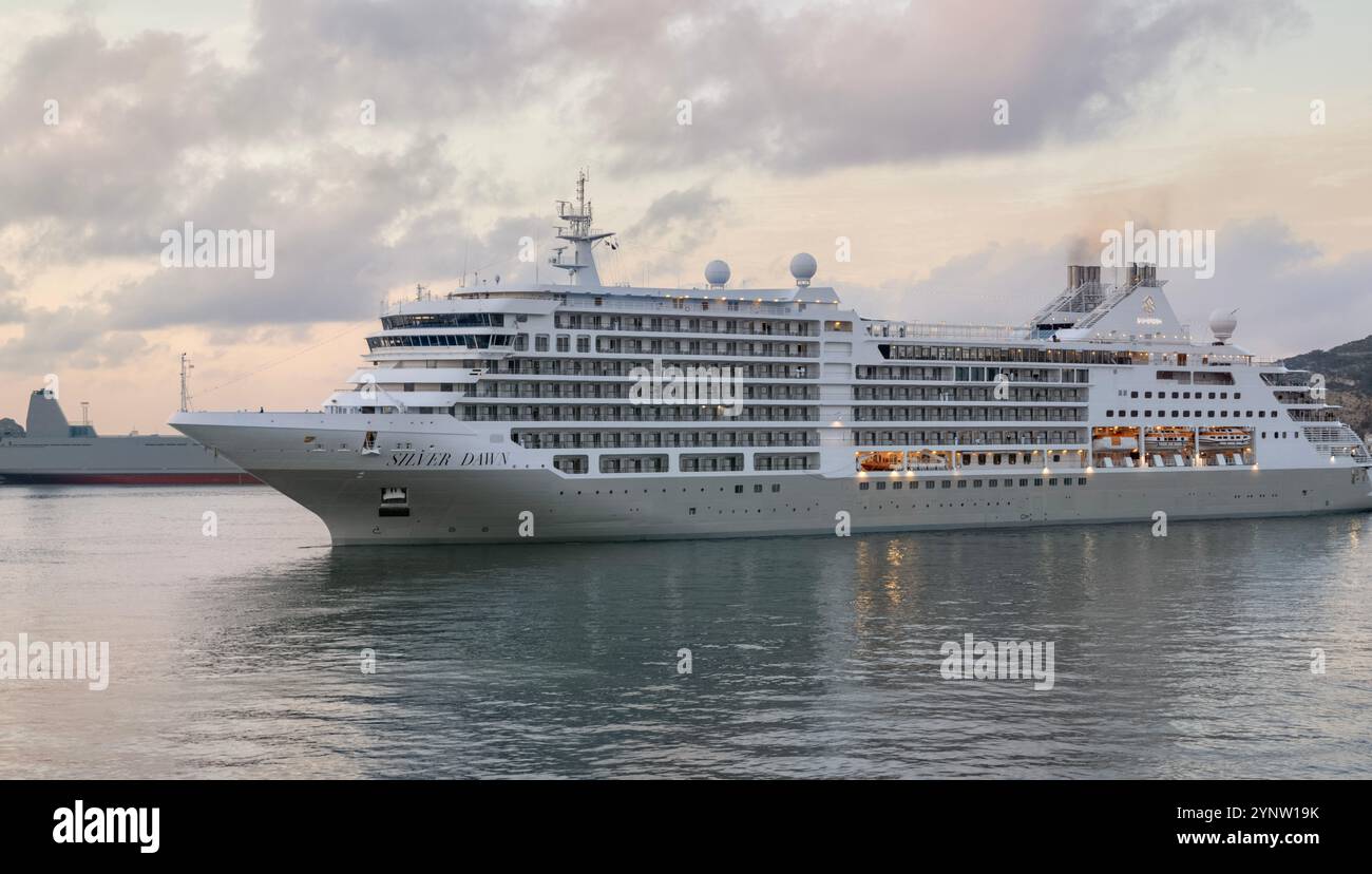 Silver Dawn cruise ship owned by Silversea, approaching the port of ...