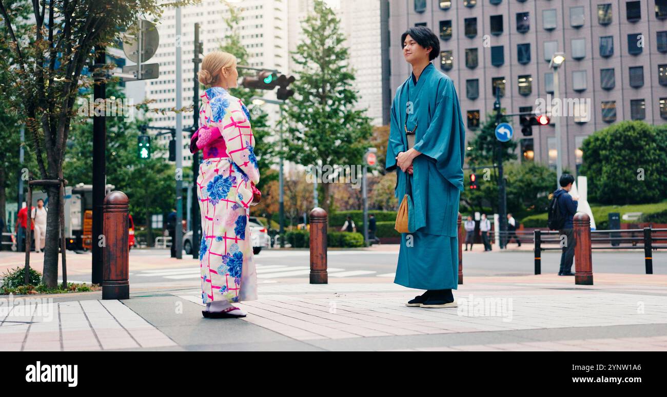 Japanese people, city and fashion with traditional clothes, culture and ...