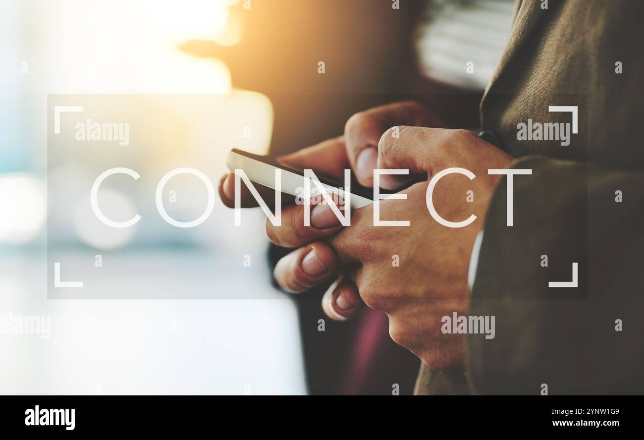 Person, hands and overlay with phone for connect, communication or ...