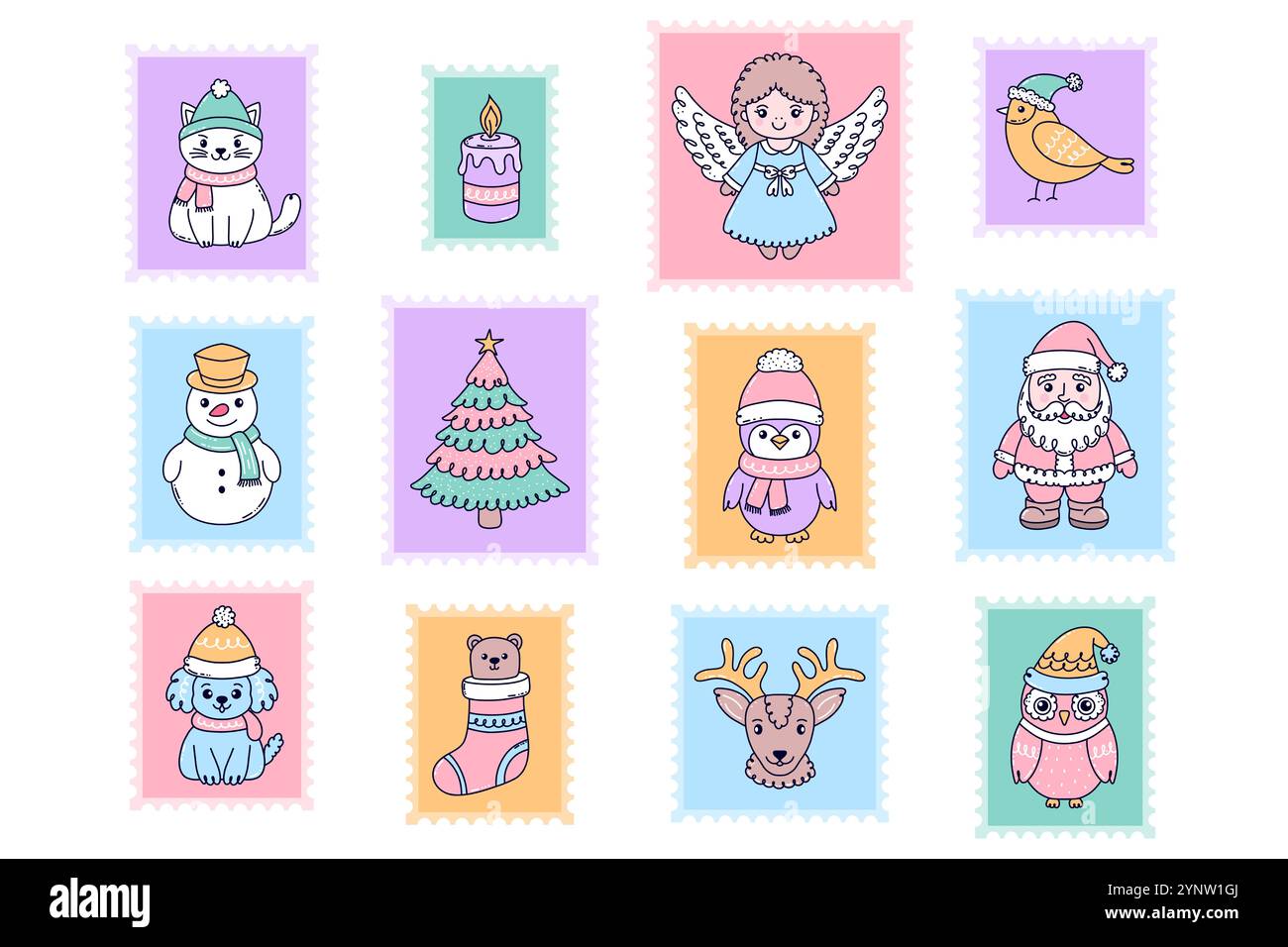 Set of postage stamps with characters to celebrate Christmas Stock ...