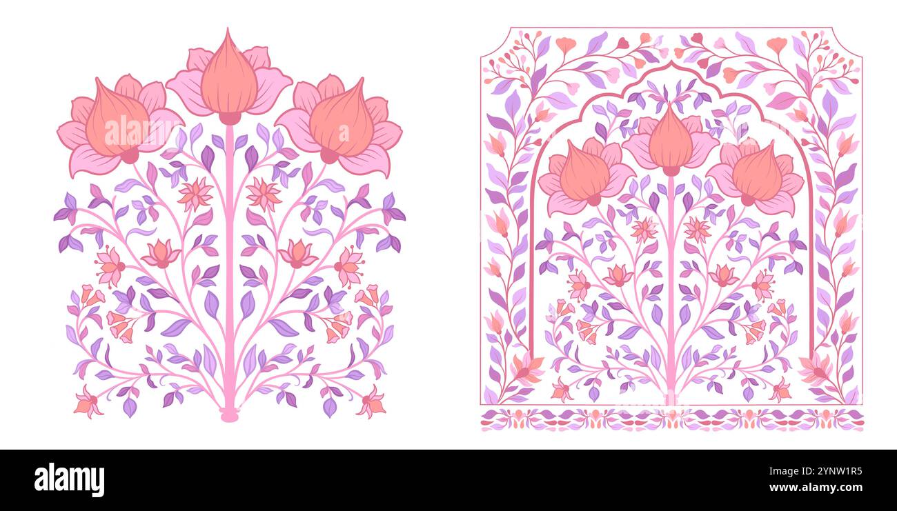 Mughal decorative ornamental floral. Vintage intricate traditional mughal style with flowers and ...