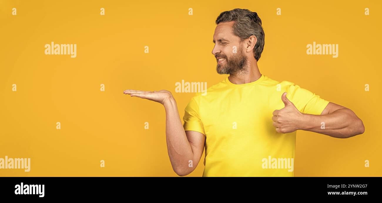 man presenting advertisement on background with copy space banner Stock ...