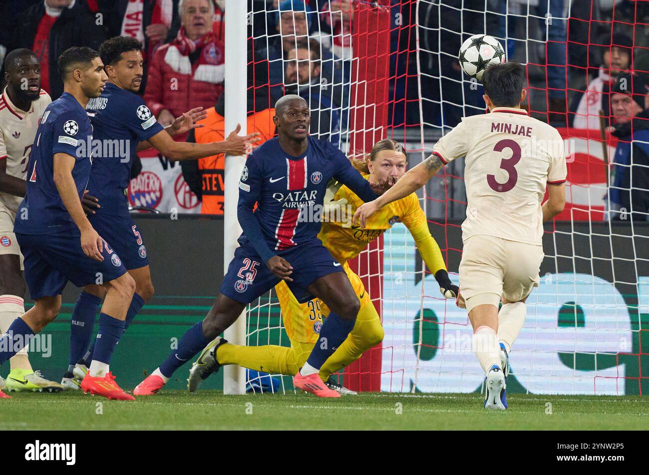 Munich, Germany. 26th Nov, 2024. Matvey Safonov, PSG 39 mistake before 1-0 goal of MinJae Kim ...