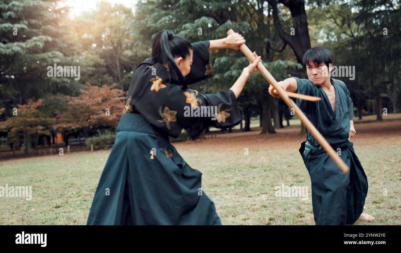 People, fight and sword in nature for martial arts, training ...