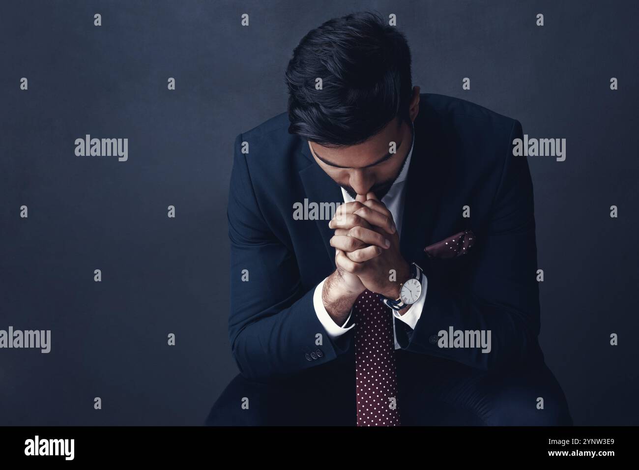 Business man, stress and depression in studio with thinking, decision ...