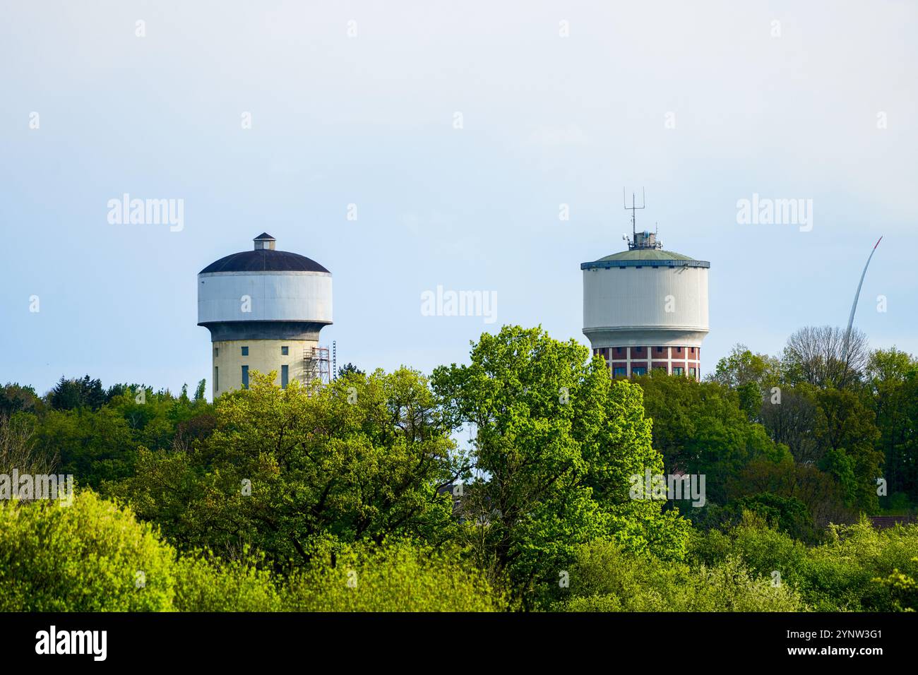 View of the Hammer water towers in the Berge district. Tall round water ...
