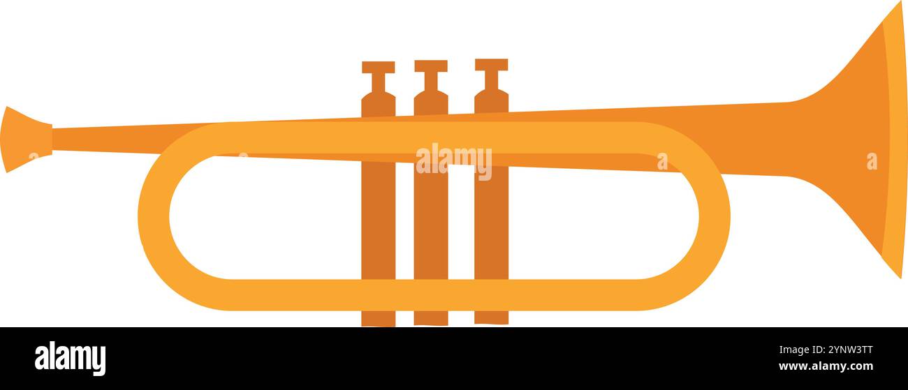 A trumpet with three valves is shown in a yellow color. The trumpet is ...