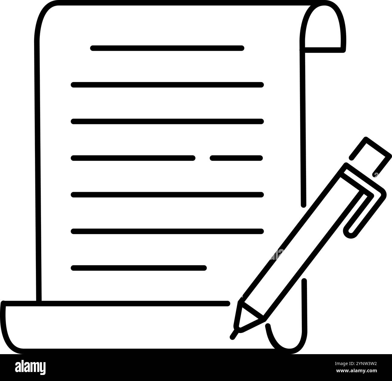 A pen is on a piece of paper with a line drawing of a scroll Stock ...