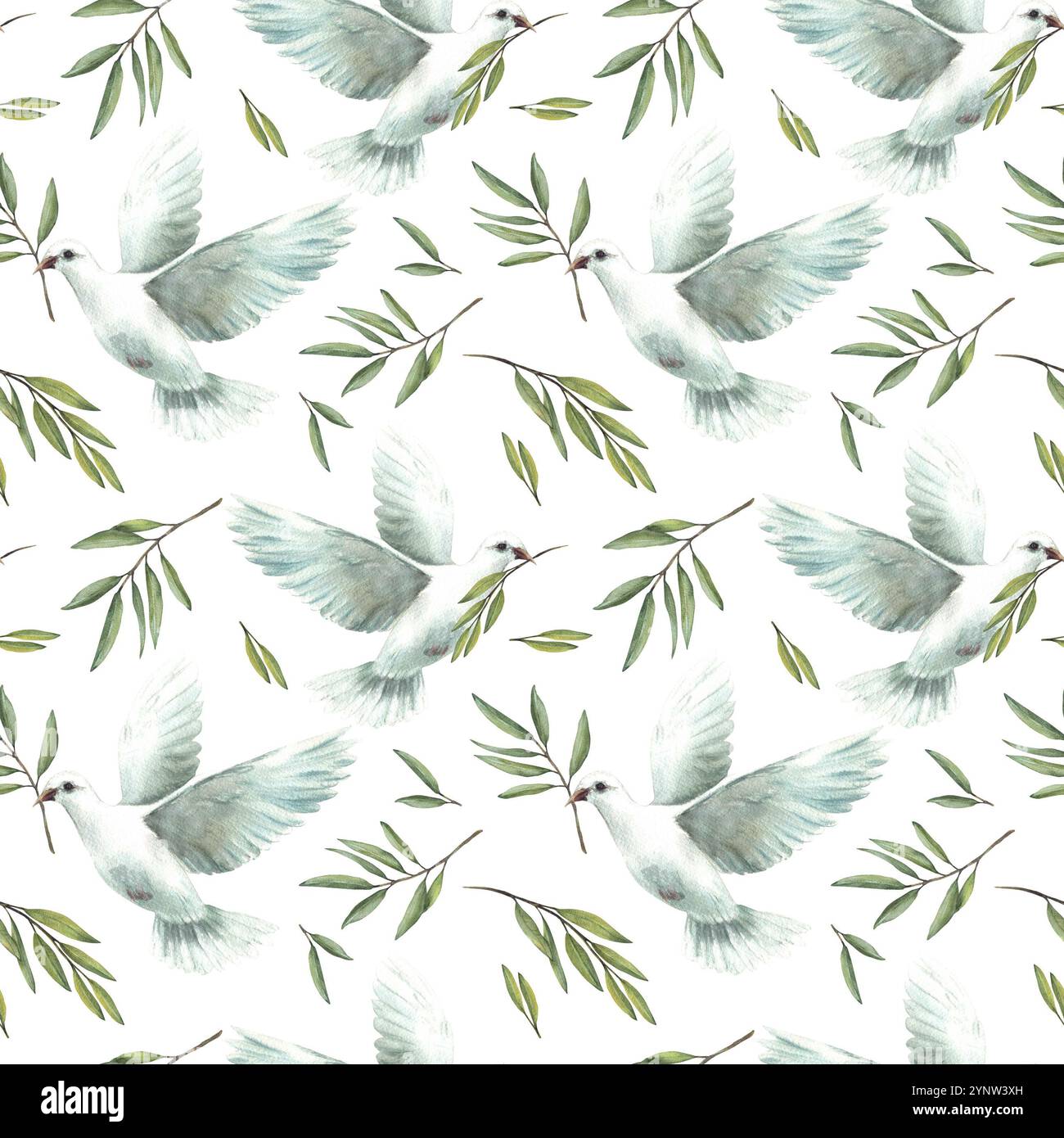 White dove with olive green branch. Watercolor seamless pattern. Flying pigeon bird, symbol of ...