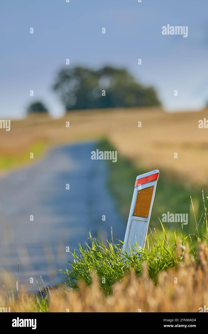Grass, mile marker and road with reflector, closeup and distance ...