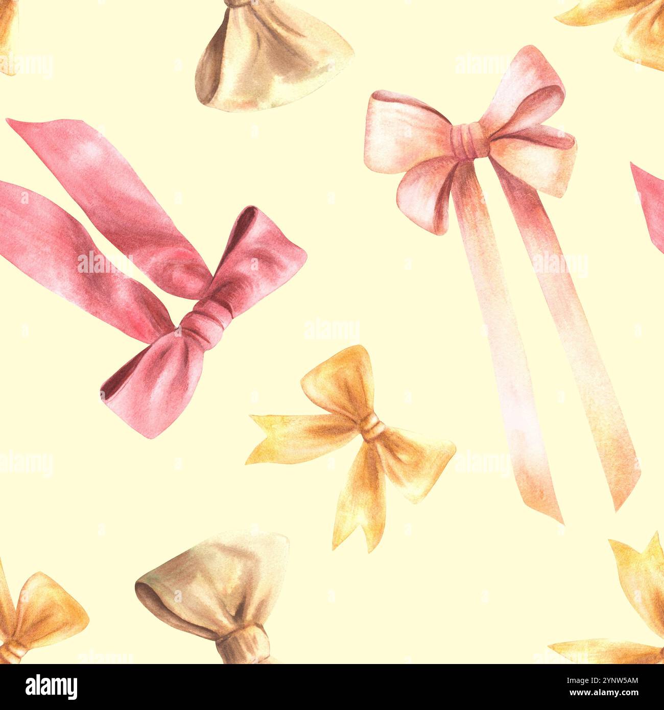 Ribbon and bow seamless pattern. Watercolor Hand drawn Illustration ...