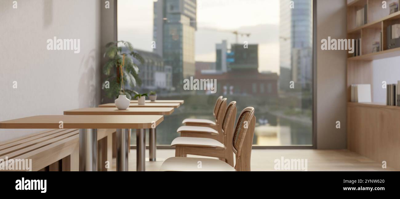 A side view of a minimalist Scandinavian coffee shop seating area ...