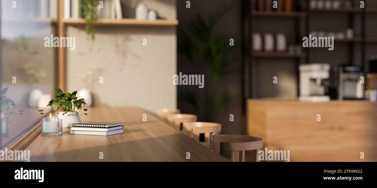 Side view of a long wooden table against the window in a cozy ...