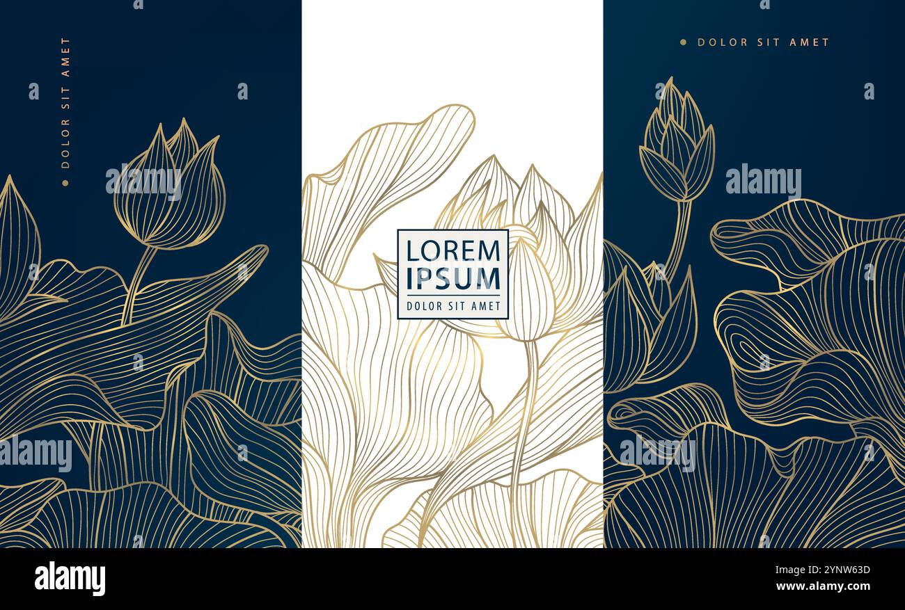 Vector set of lotus flower golden art deco patterns, floral line ...