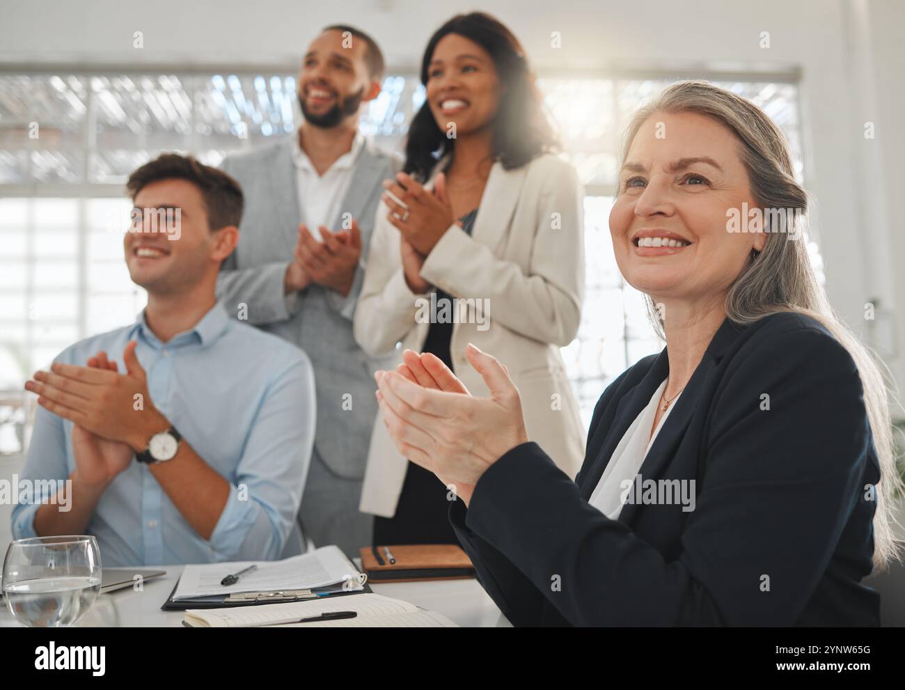 Excited business people, smile and applause in promotion, announcement ...