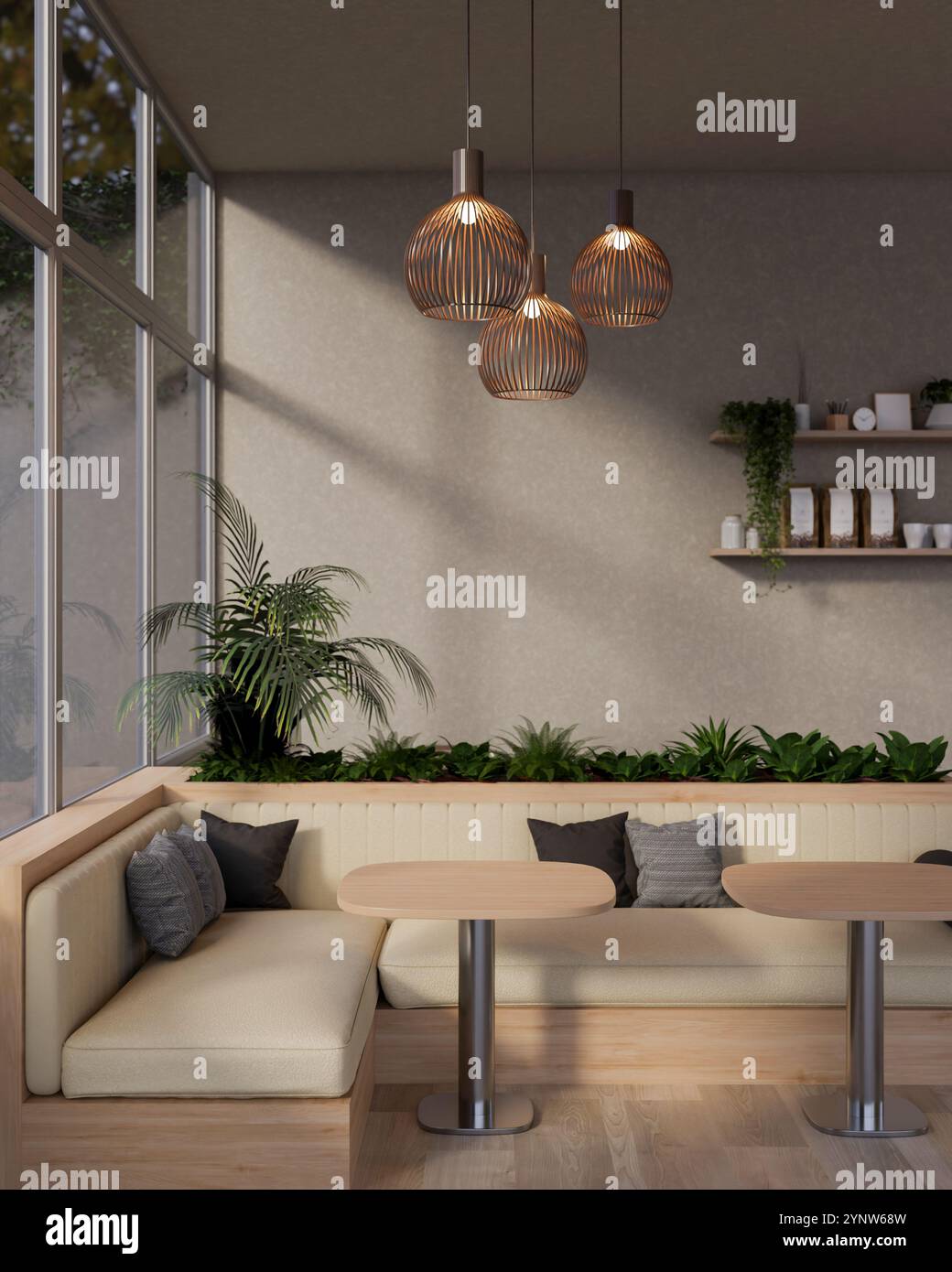 The interior of a cozy Scandinavian coffee shop cafe seating area ...