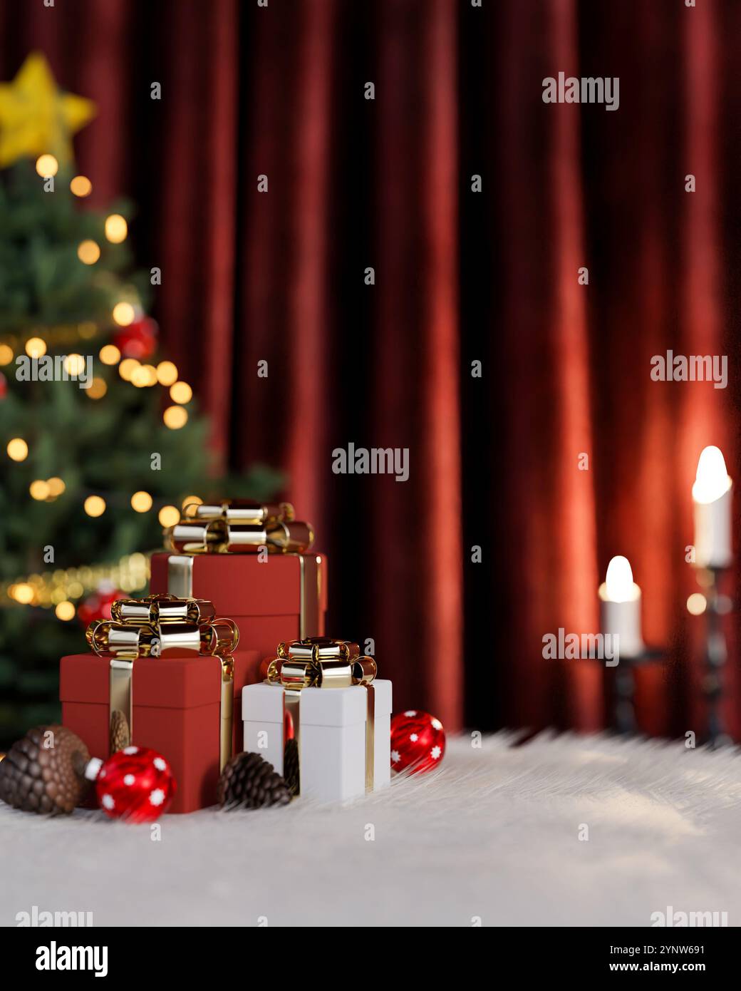 Elegant Christmas gift boxes placed on a fluffy white carpet in a room ...