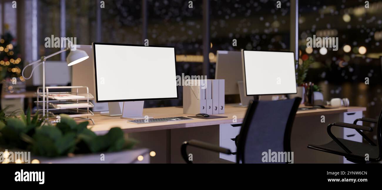 A modern office inside a skyscraper on a Christmas winter night ...