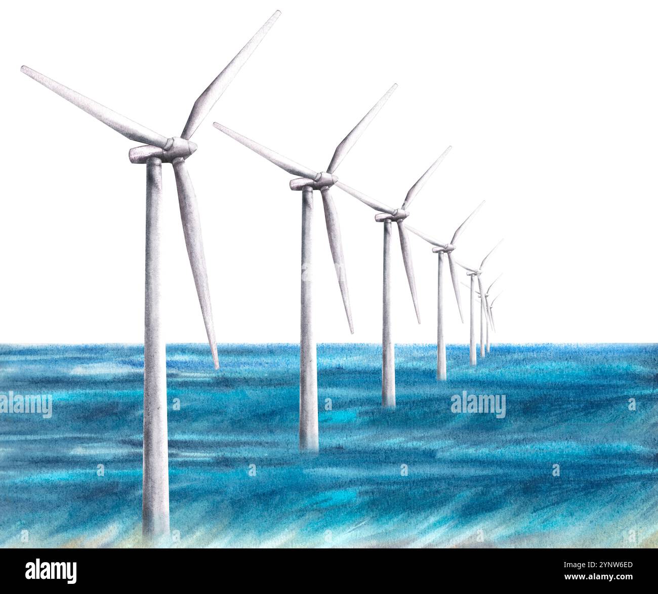 Offshore wind farm on ocean. Wind turbine park at the sea. Windmills ...