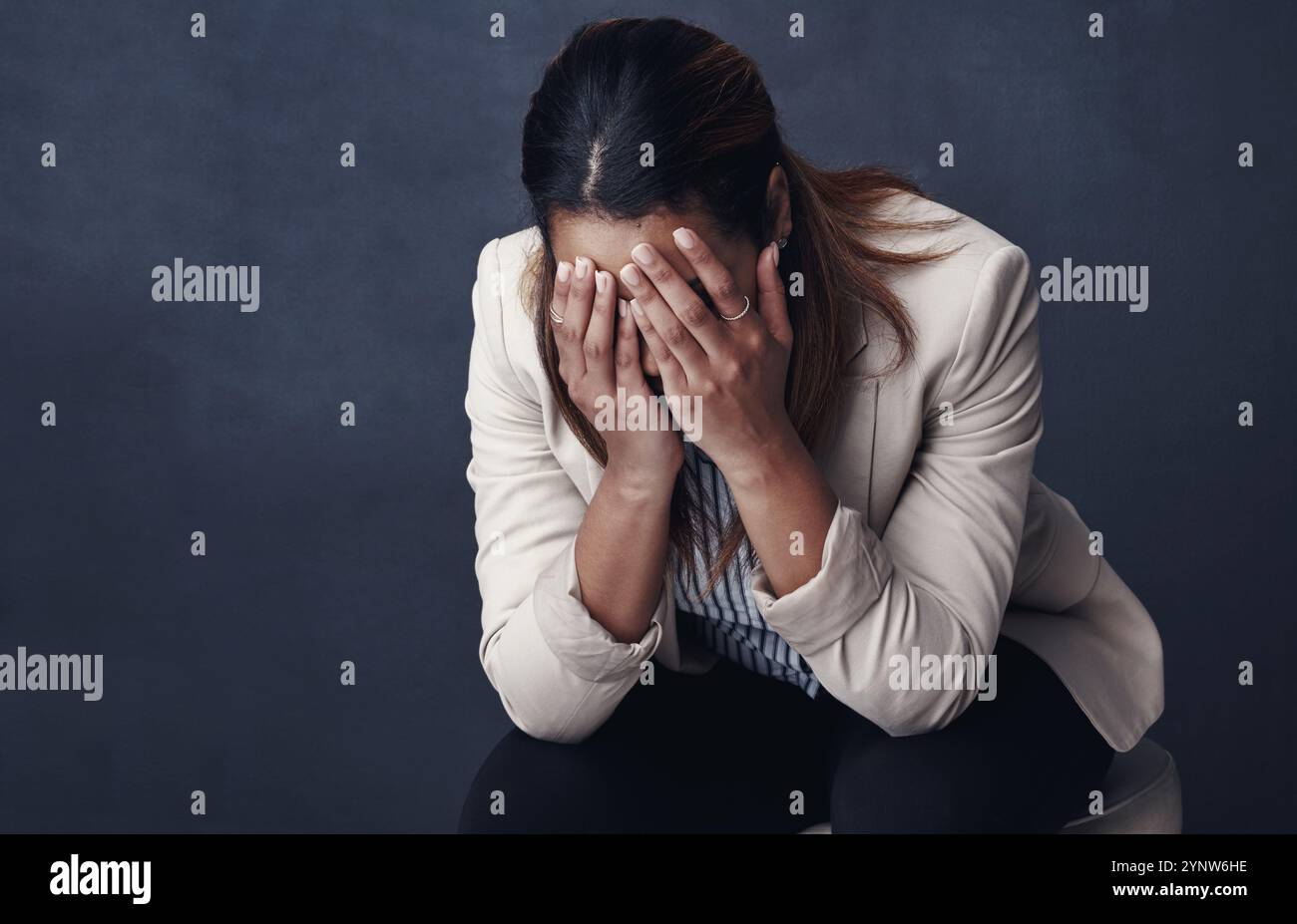 Sad, frustrated and business woman in studio with upset, depression and ...