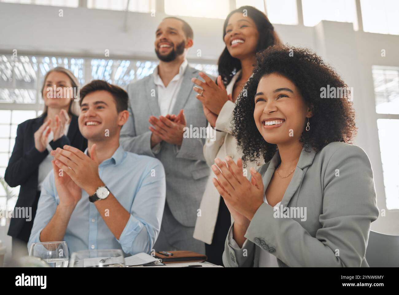 Business people, achievement and applause in promotion, announcement or ...