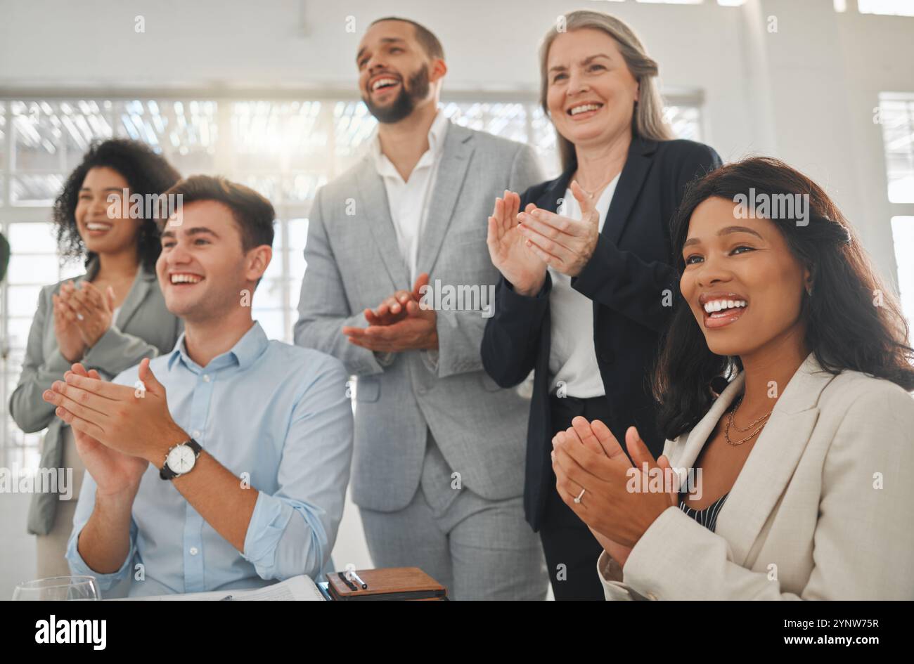 Business people, congratulations and applause in promotion ...