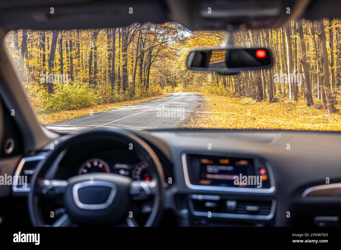 Car steering wheel and interior. Road view from inside the car Stock ...
