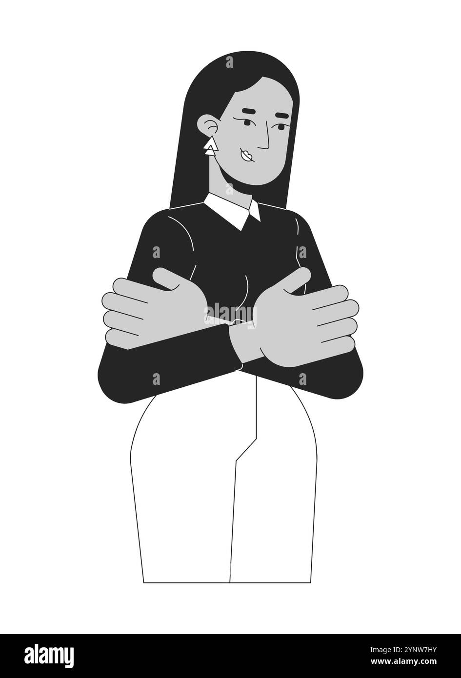 Indian female office worker arms folded black and white 2D line ...
