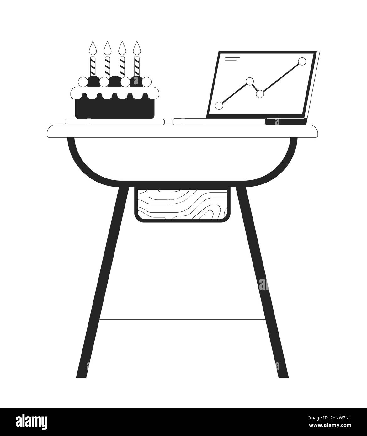 Laptop chart with party cake on table black and white 2D line object ...
