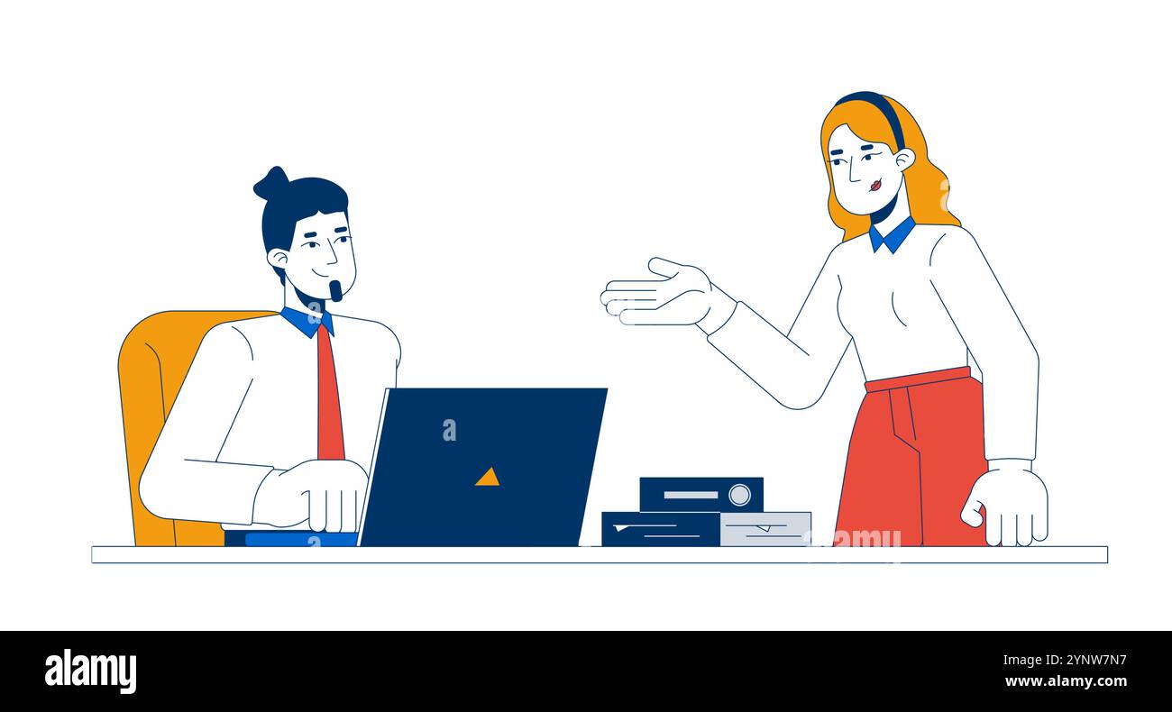 Caucasian male supervisor and female intern positive communication 2D ...