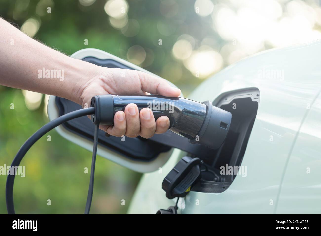 Owner's hand grips an electric vehicle charger, ready to connect and ...