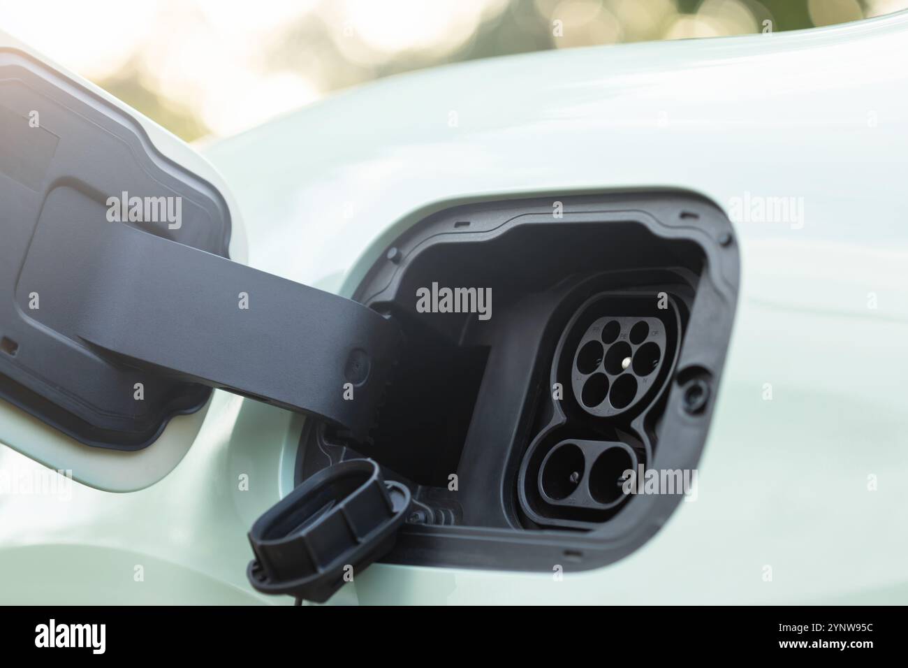 Close-up of an open electric vehicle charging port showing both AC and ...