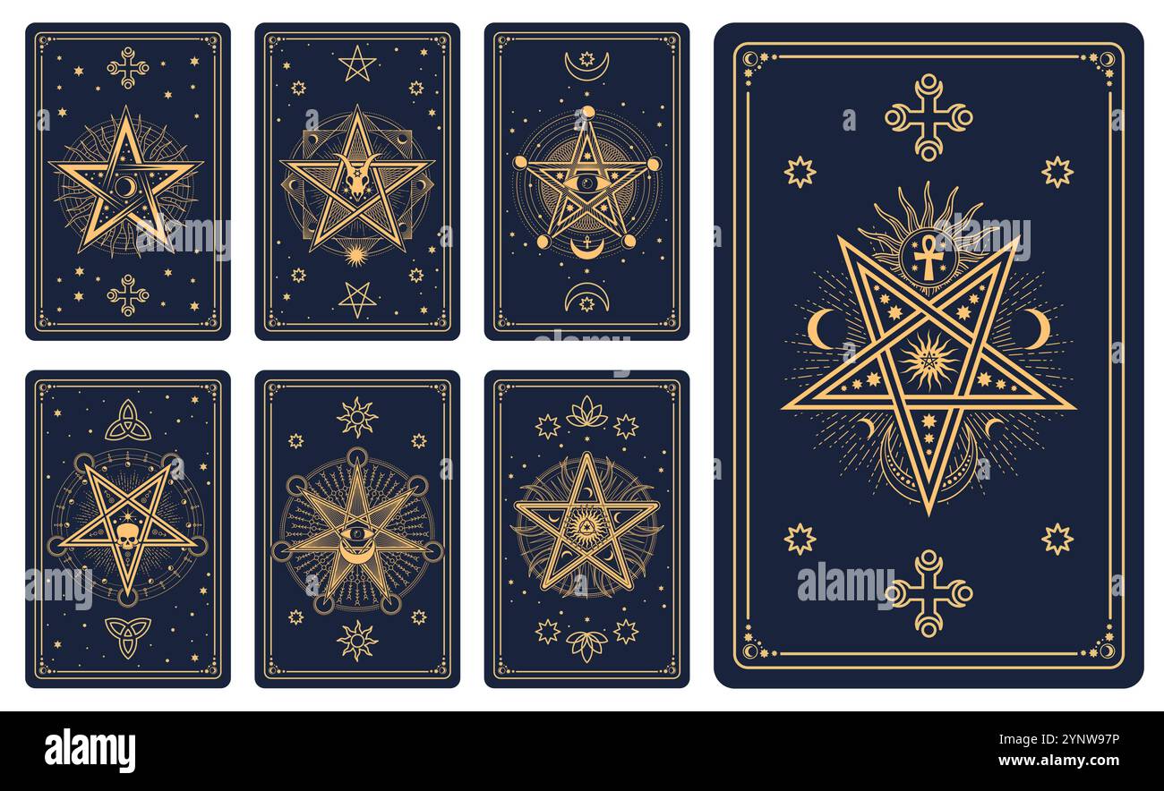 Tarot cards with occult symbols, Sun, Moon and stars vector line ...