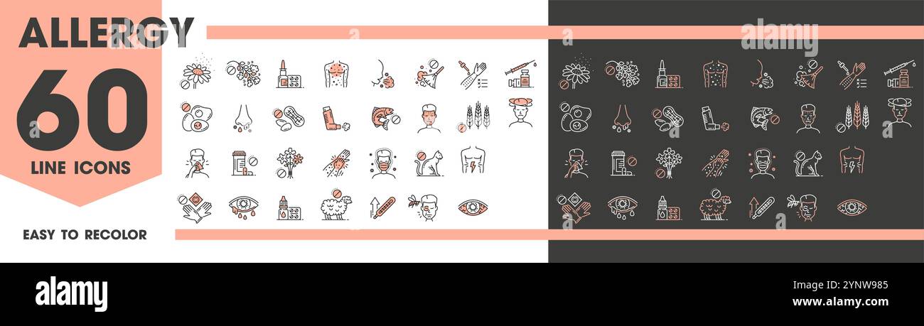 Allergy icons of asthma, fever or rhinitis as allergic symptoms or ...