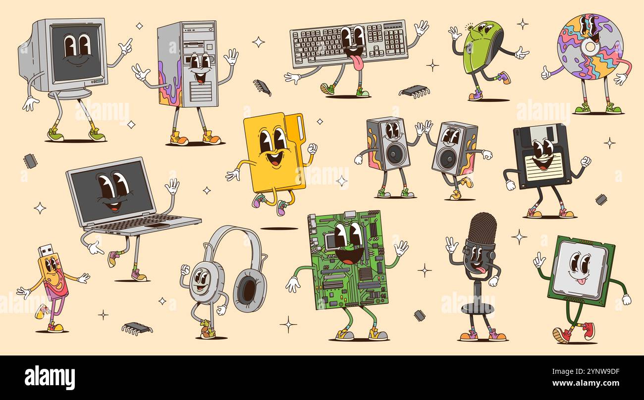 Cartoon groovy computer devices, retro characters of pc gadgets and laptop electronic equipment ...