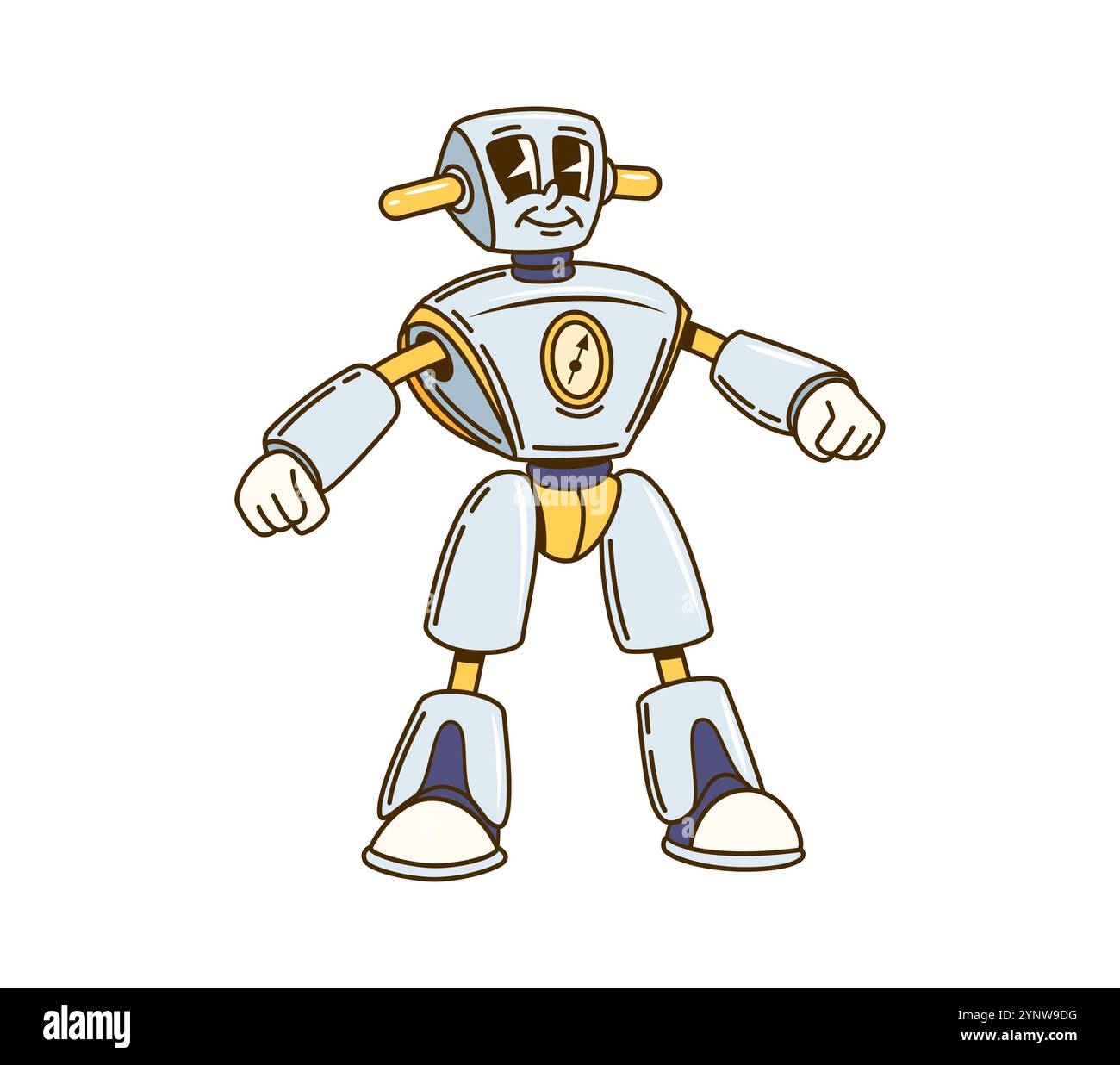 Cartoon groovy robot character standing confidently with fists clenched ...